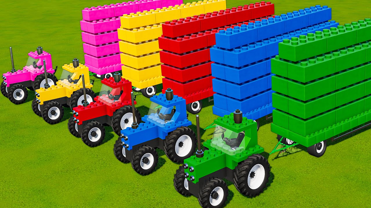 LAND OF COLORS ! LEGO TRANSPORTING with LEGO TRACTORS & LOADERS ...