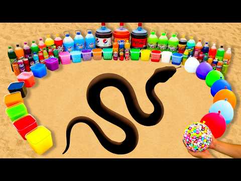 How to Make Giant a Snake Soda hole with Big Orbeez, Balloons of Mtn Dew, Fanta, Coca Cola vs Mentos