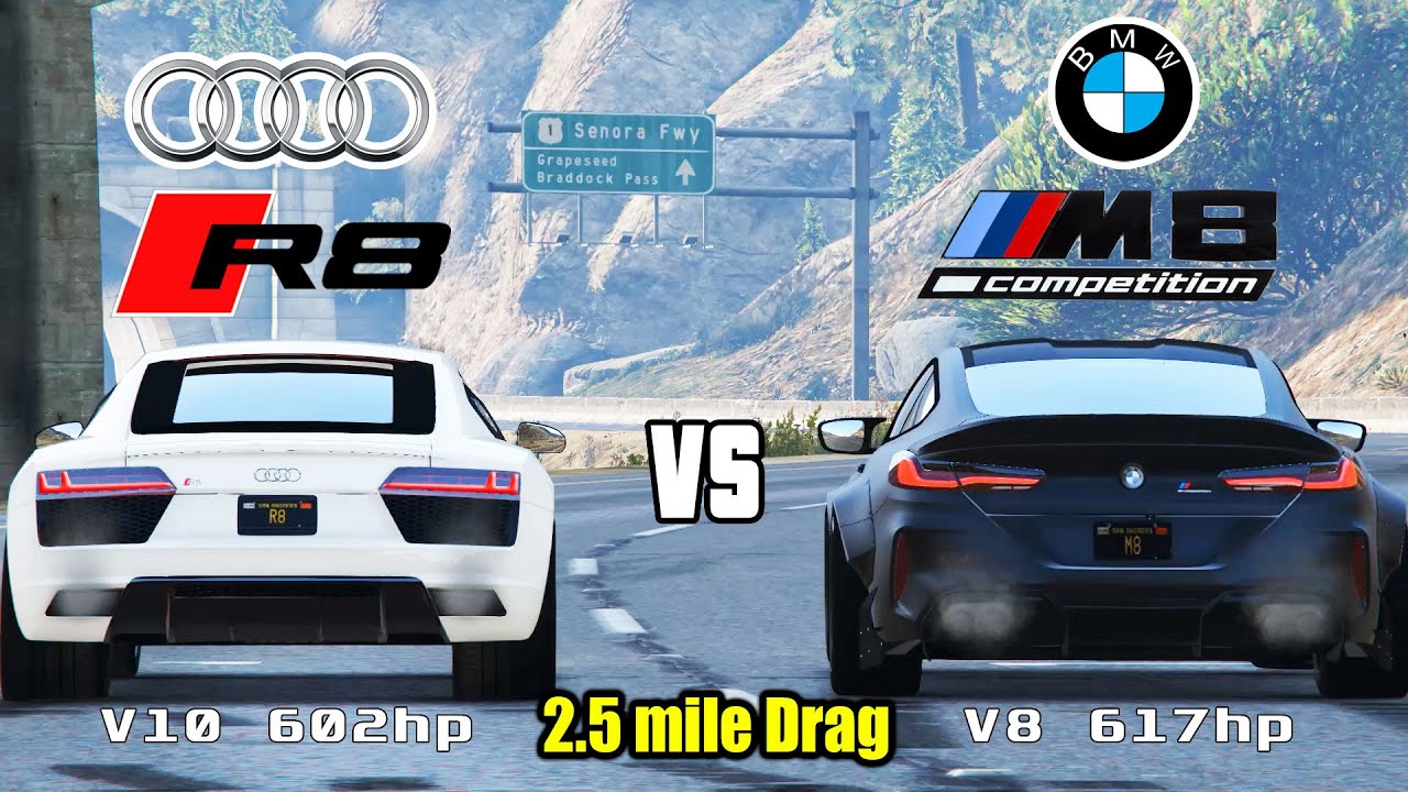 BMW M8 vs Audi R8 drag race 2.5 mile | Audi R8 vs BMW M8 competition ...
