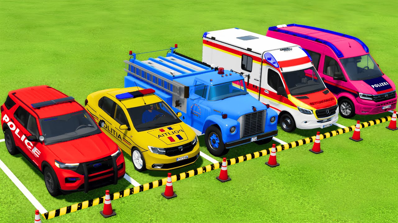 POLICE CARS, FIRE DEPARTMENT, AMBULANCE EMERGENCY VEHICLES TRANSPORTING ...