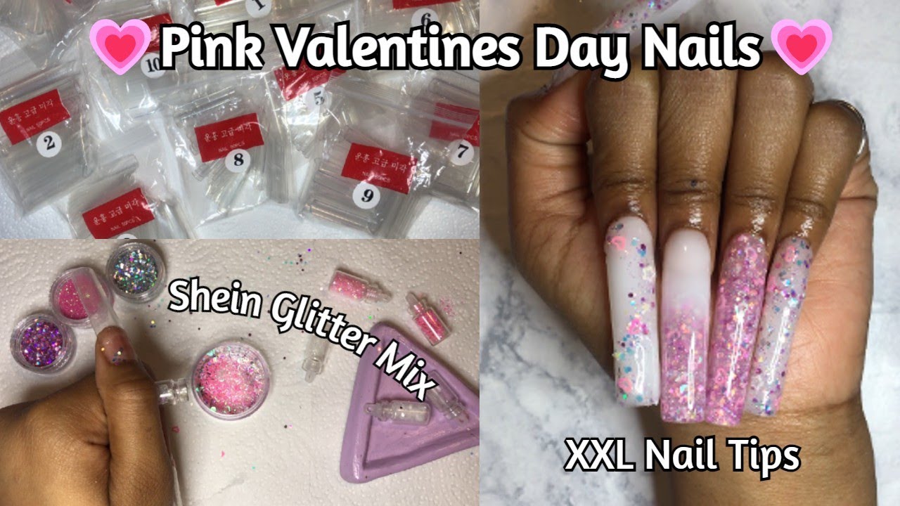 XXL Pink Valentines Day Nails! Shein Glitter Mix! XXL Polygel Nails ...