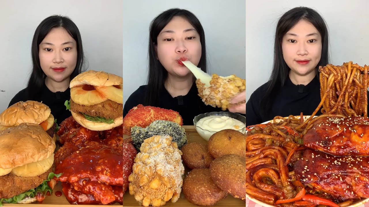 Mukbang Eating Show 먹방 | Chinese Food | (Burger, Corndog, Noodles ...