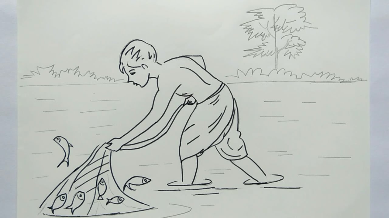 fishing drawing | classic drawing - YouTube