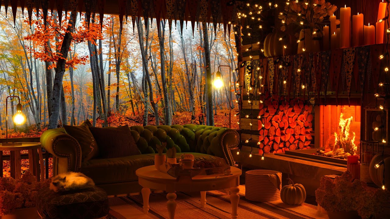 Autumn Porch Ambience and Cat With Warm Crackling Fireplace Noise and ...