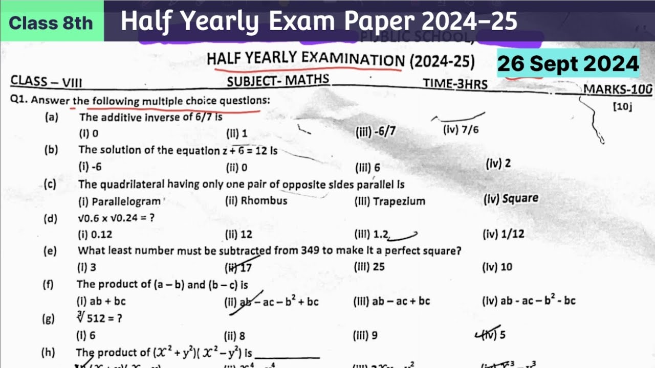Class 8th Maths Half Yearly Exam Paper full overview CBSE Pattern ...