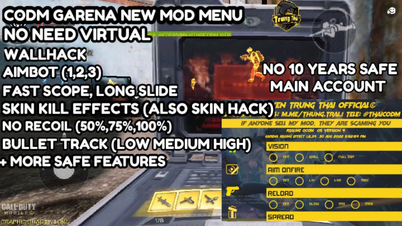 NEW CODM GARENA MOD MENU NO VIRTUAL NEED | SAFE MAIN | GUN KILL EFFECTS ...