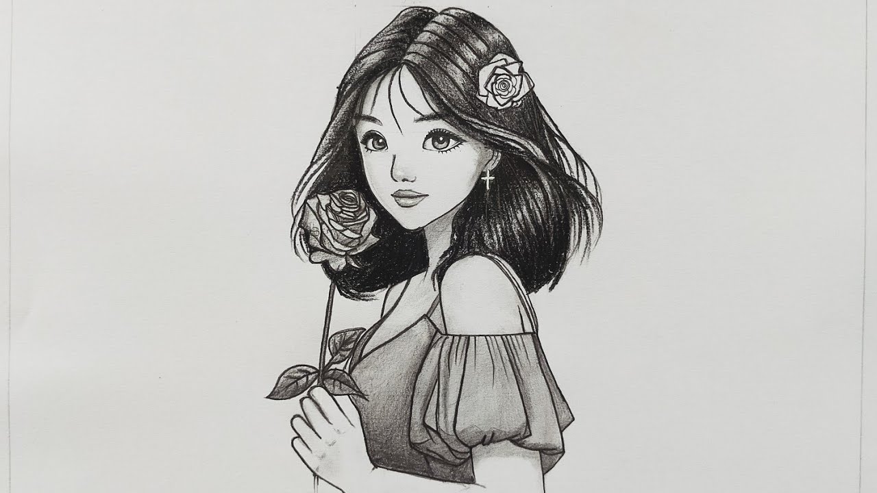 How to draw beautiful girl holding rose | beautiful girl drawing | girl ...