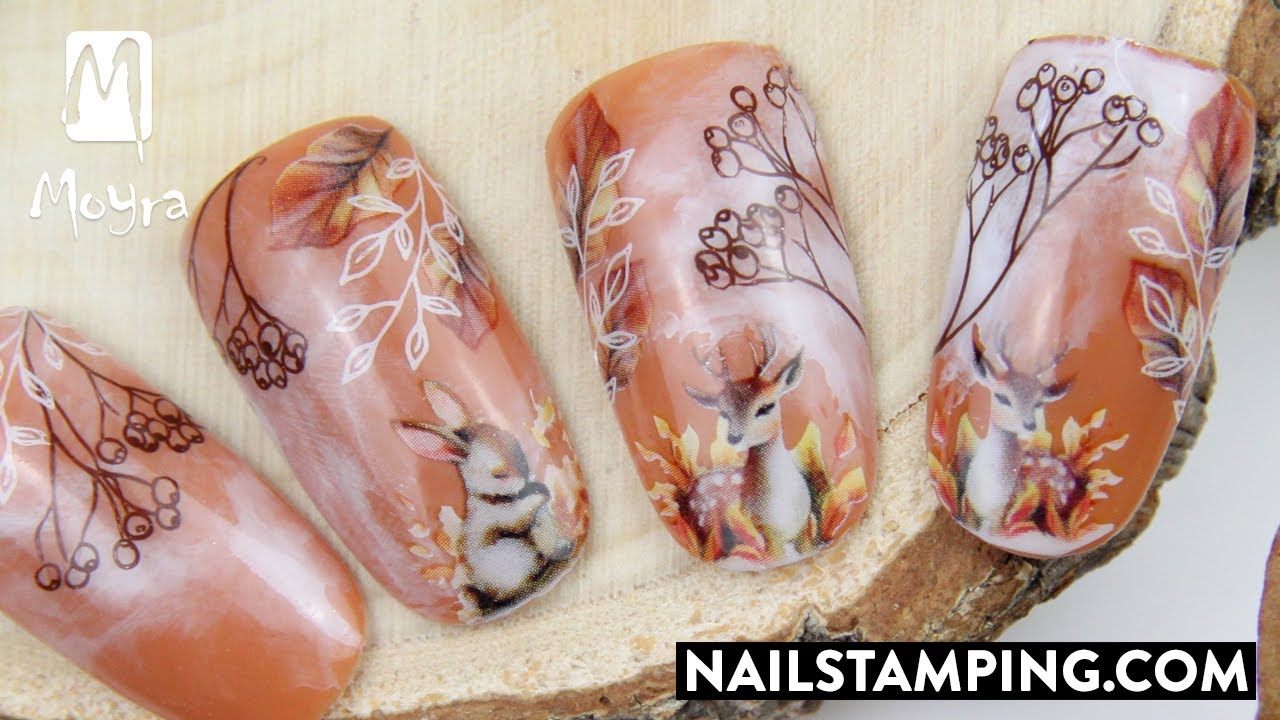 Deer nail art with autumn colours and patterns (nailstamping.com) - YouTube