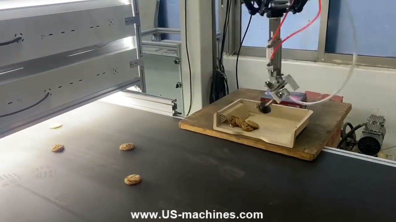 Robot hand pick up biscuit cookie sorting feeding system - YouTube