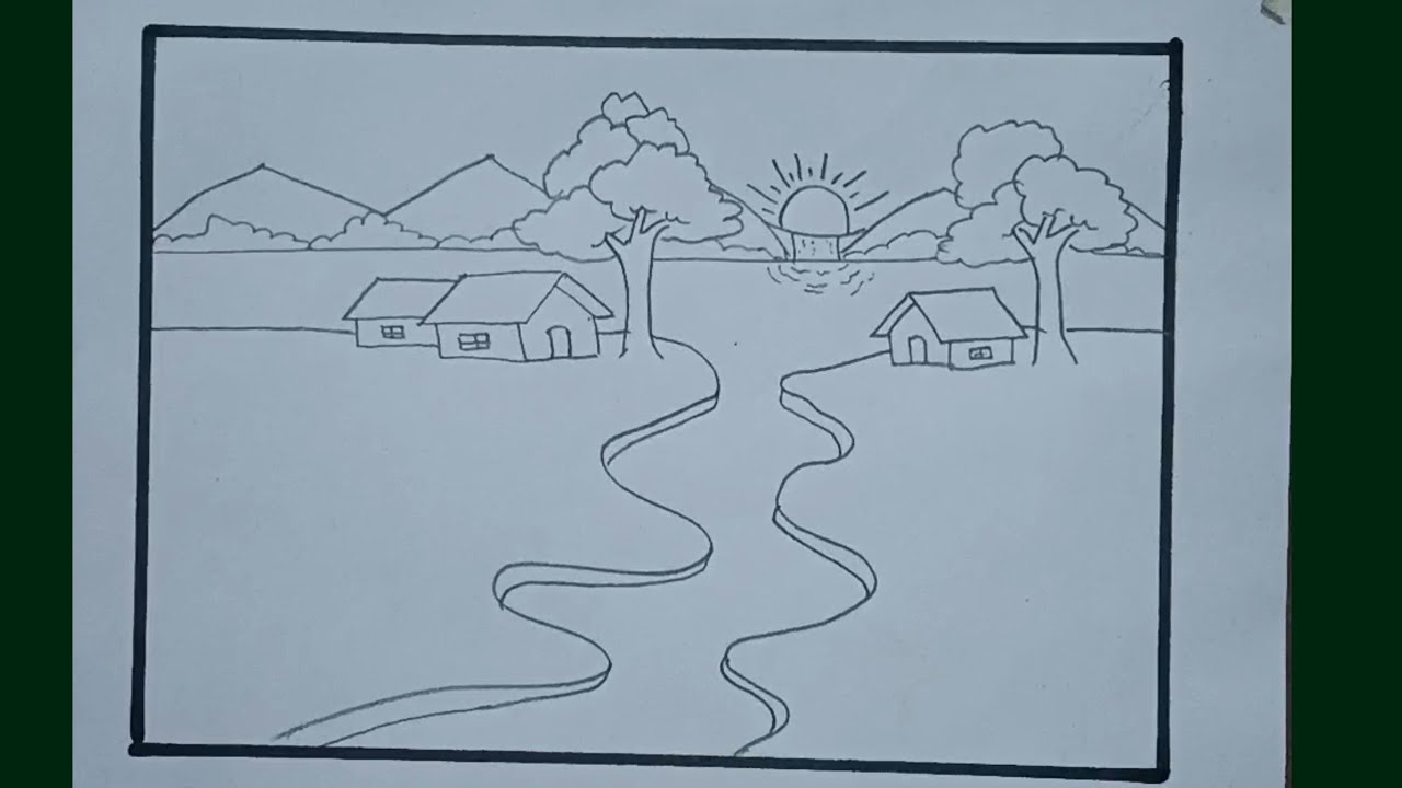 how to draw rainfall scenery drawing || rainfall landscape drawing with ...