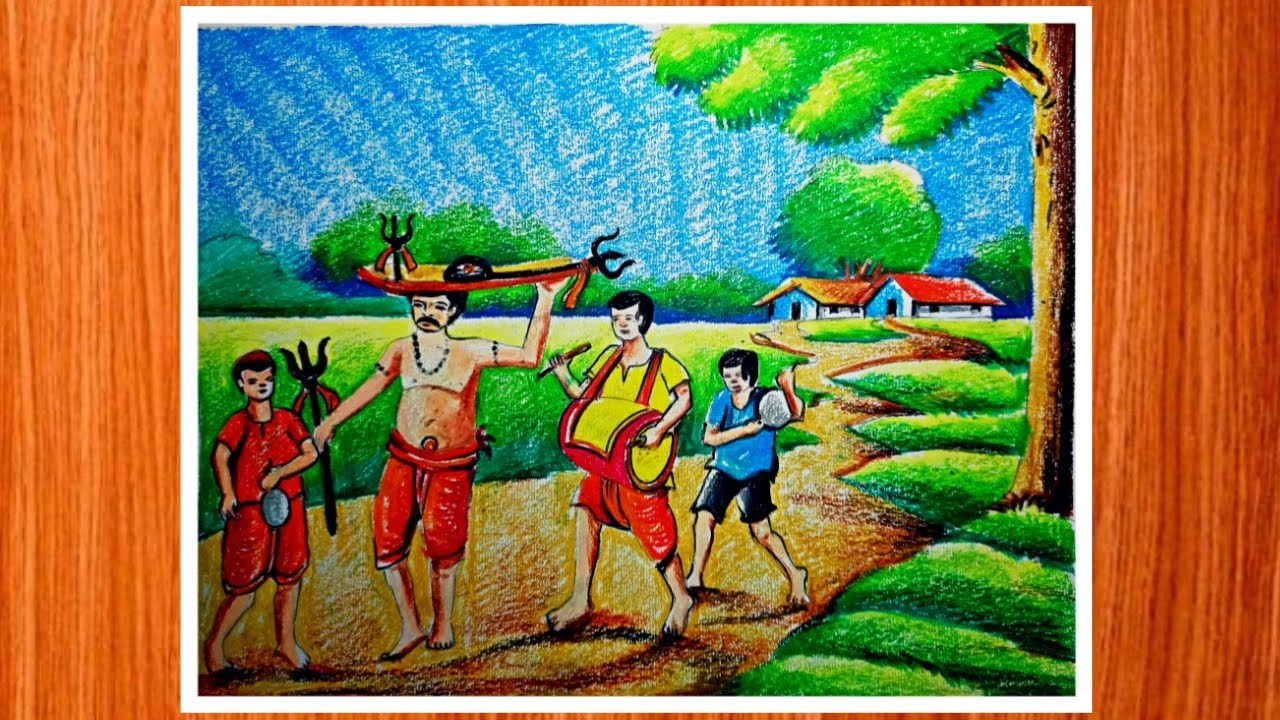 India village fair drawing| Charak mela drawing| Charak puja drawing ...