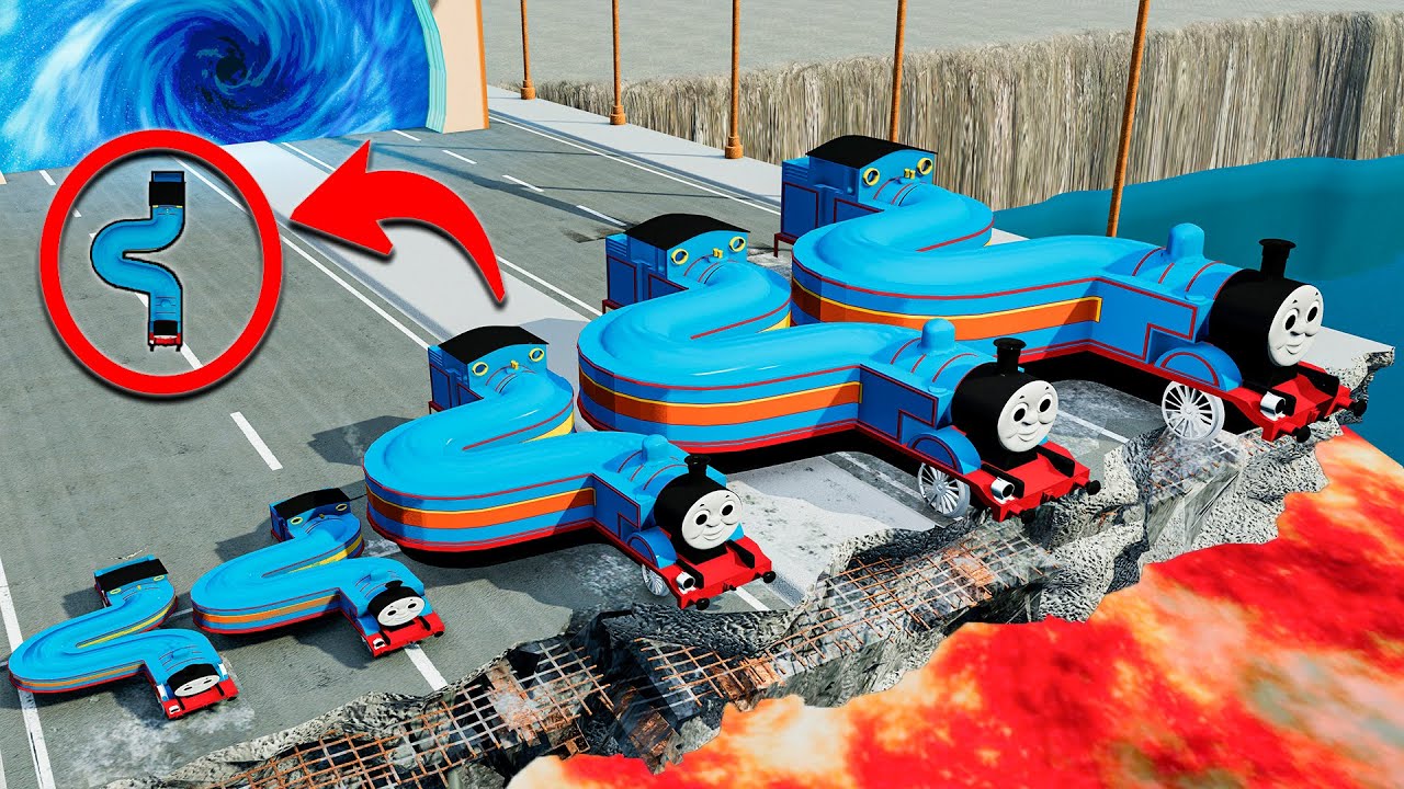 Big & Small Long Wavy Thomas the train vs Giant Pit with wooden spears ...