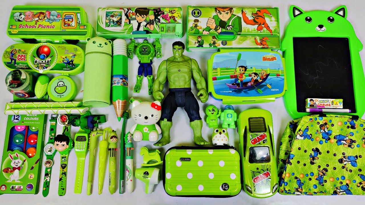 Green Toys Collection🥰Watch, Sharpener, Geometry, Pen, Colors, Board ...