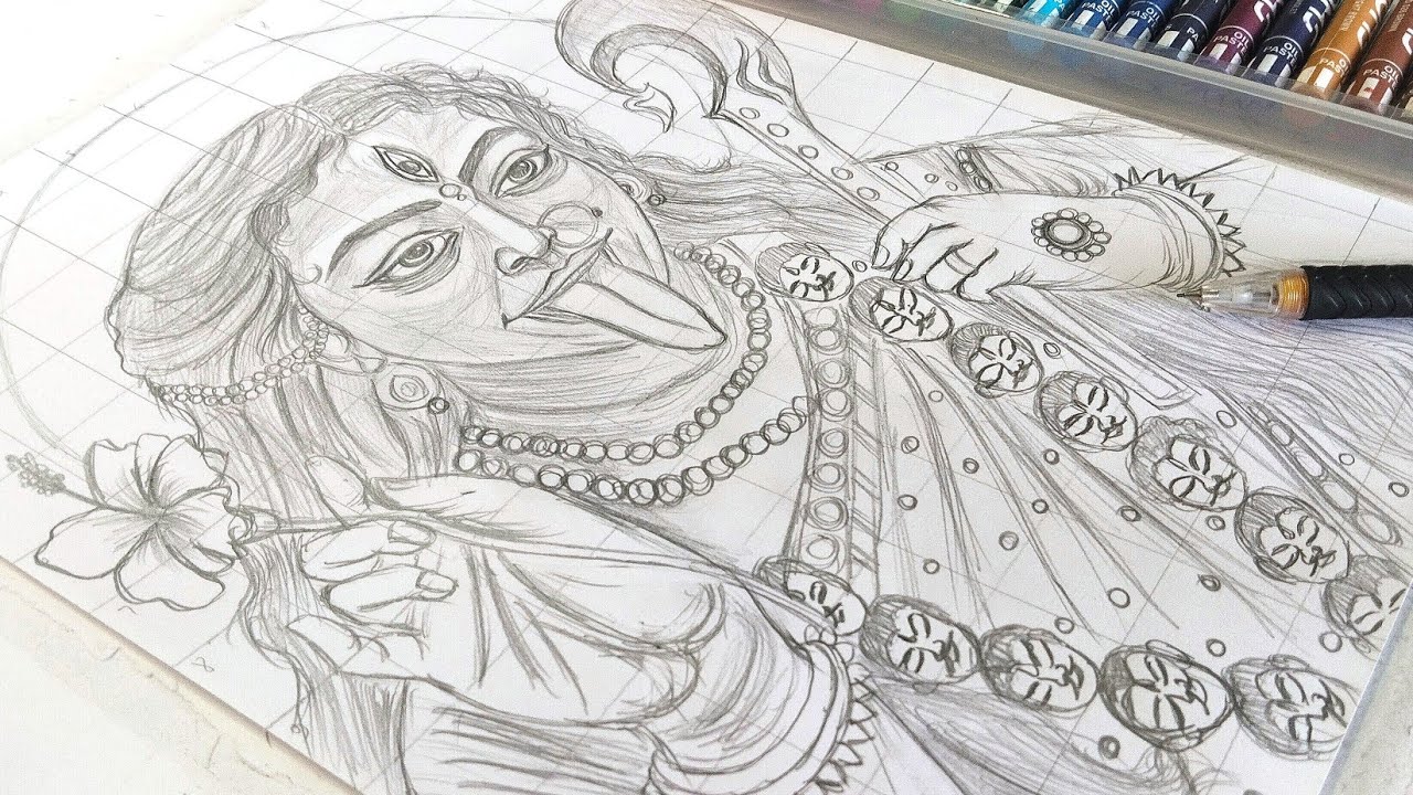 Maa Kali Drawing Outline, How To Draw Kali Mata, Diwali Drawing, Kali ...