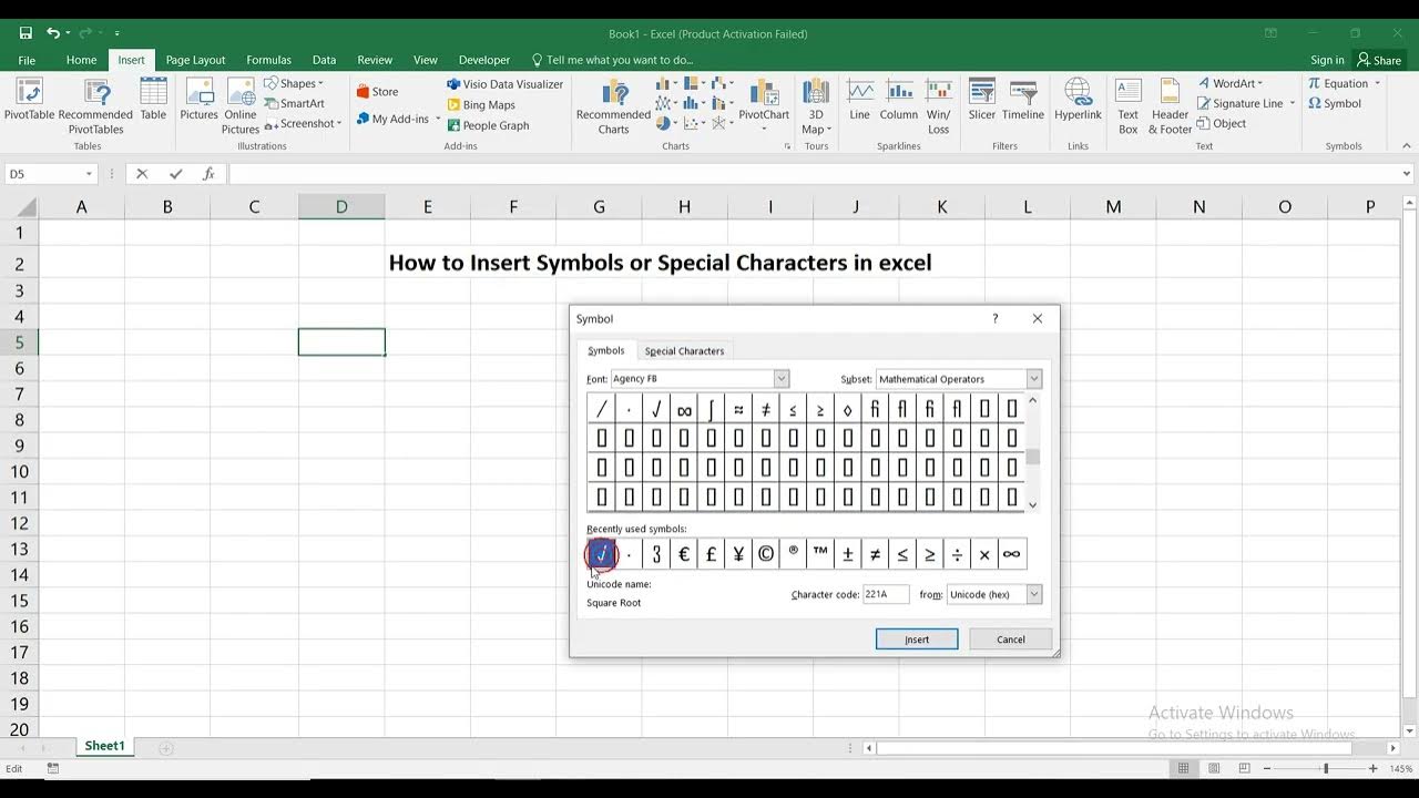 How to Insert Symbols or Special Characters in excel - YouTube