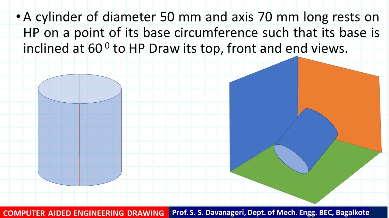 How to draw projection of cylinder inclined its base or base surface to ...