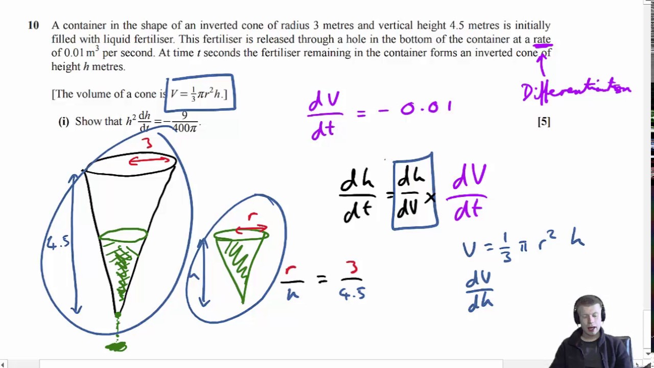 OCR C4 2014 Question 10i (Connected Rates of Change) - YouTube