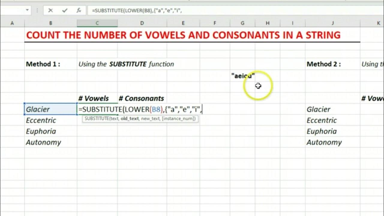 COUNT VOWELS AND CONSONANTS IN A TEXT IN EXCEL - YouTube