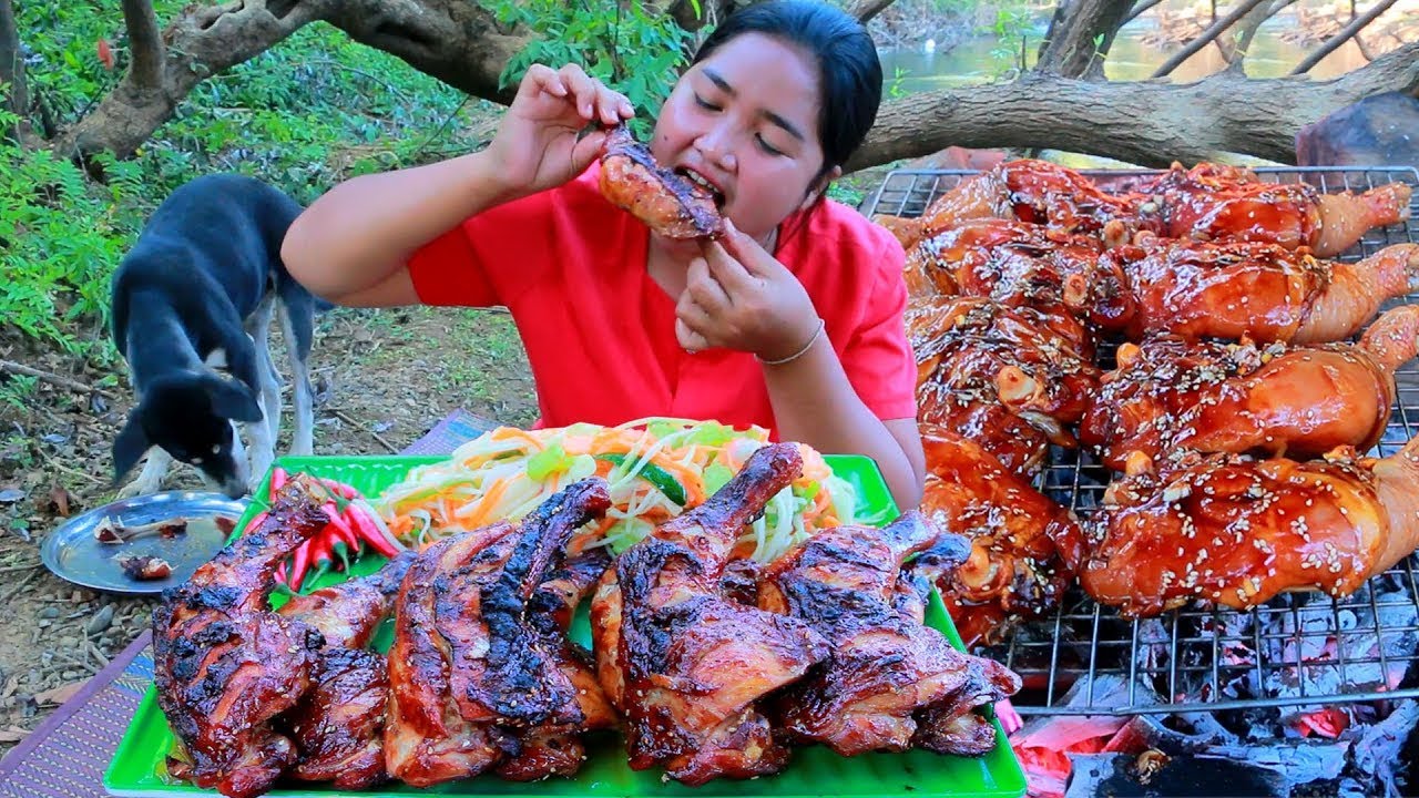 Roasted Chicken thighs Recipe in Village & My cooking skill - YouTube