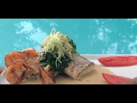 Pan seared Cobia fish, chili shrimp, risotto cake, spinach, and orange ...