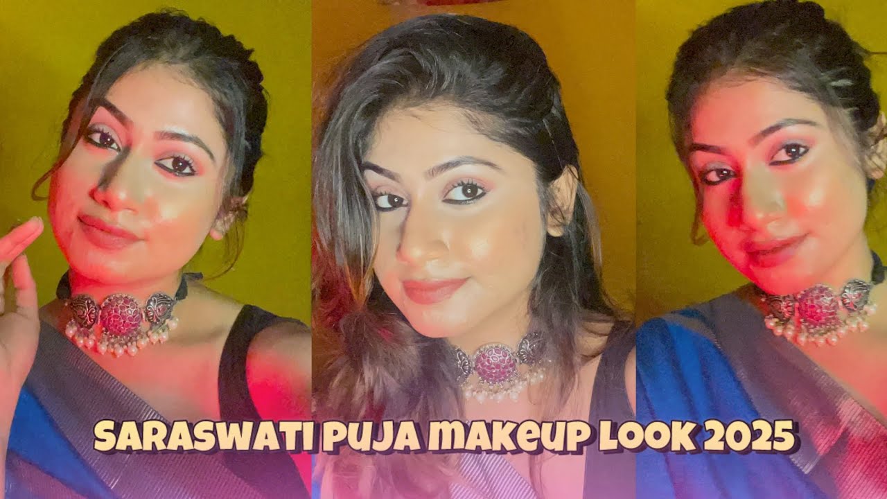 🌸Saraswati puja makeup look 2025💄/acne prone skin makeup/ Sustava Roy ...