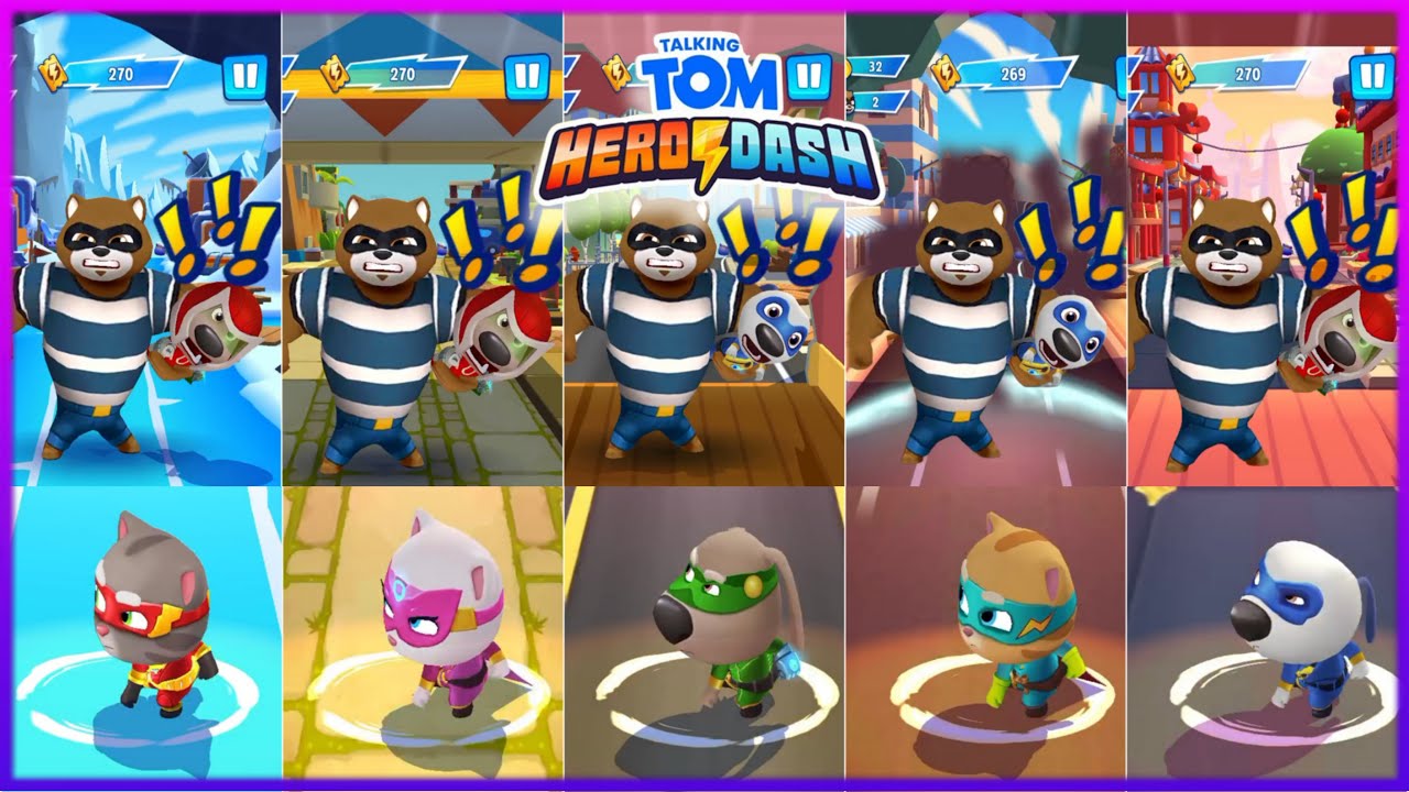 TALKING TOM HERO DASH - ATTACK TO BIG RACCOON | ALL CHARACTERS SUPER ...