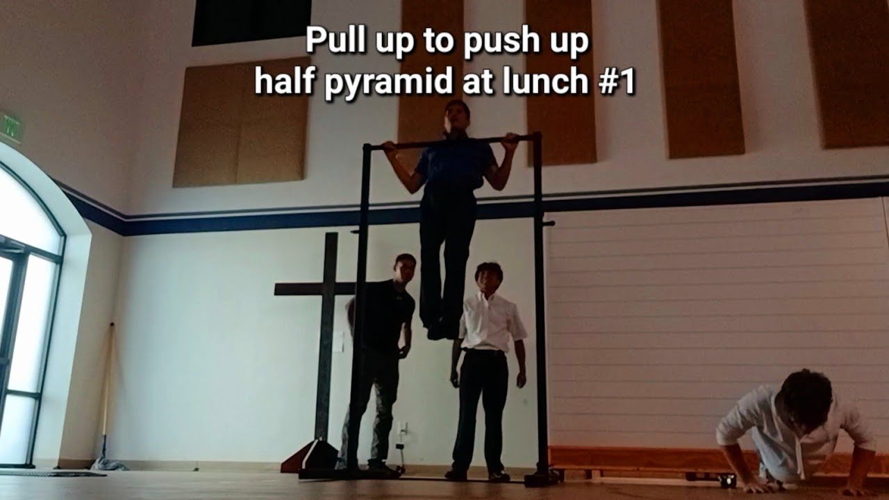 1st round of pull up to push up half pyramid completing 15 pull ups and ...