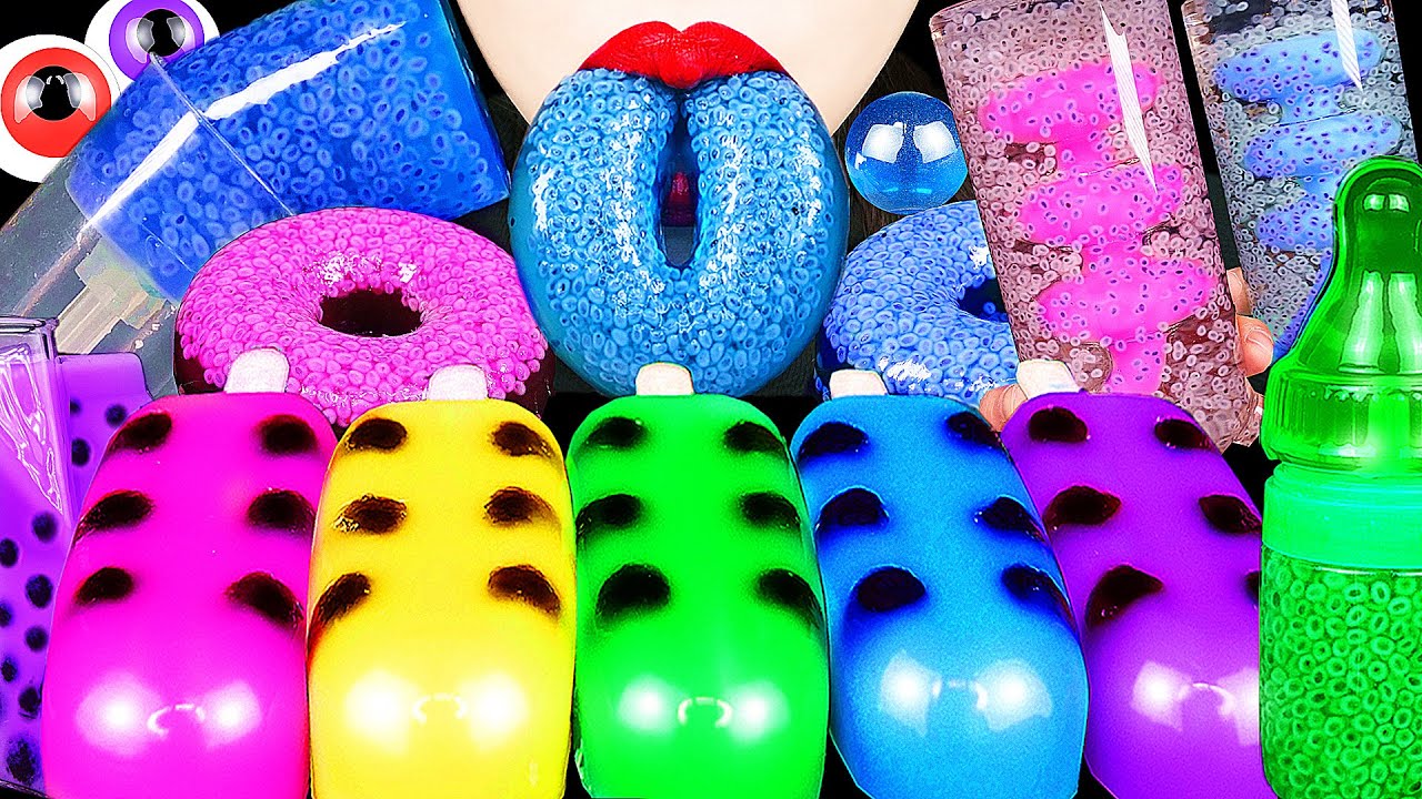 ASMR RAINBOW DRINKS *BOBA TEA JELLY, PEEPS, FROG EGGS, CANDY GUMMY, 신기한 ...
