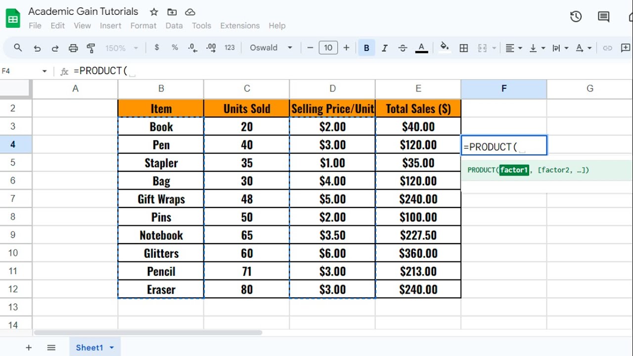 How to use PRODUCT function in Google Sheets - YouTube