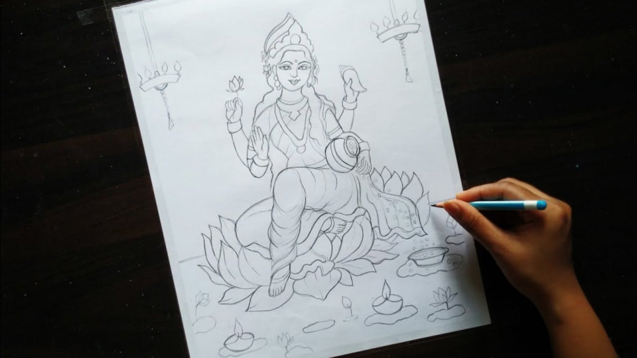 Goddess Laxmi line art drawing/How to draw Devi Laxmi/Laxmi puja/Diwali ...