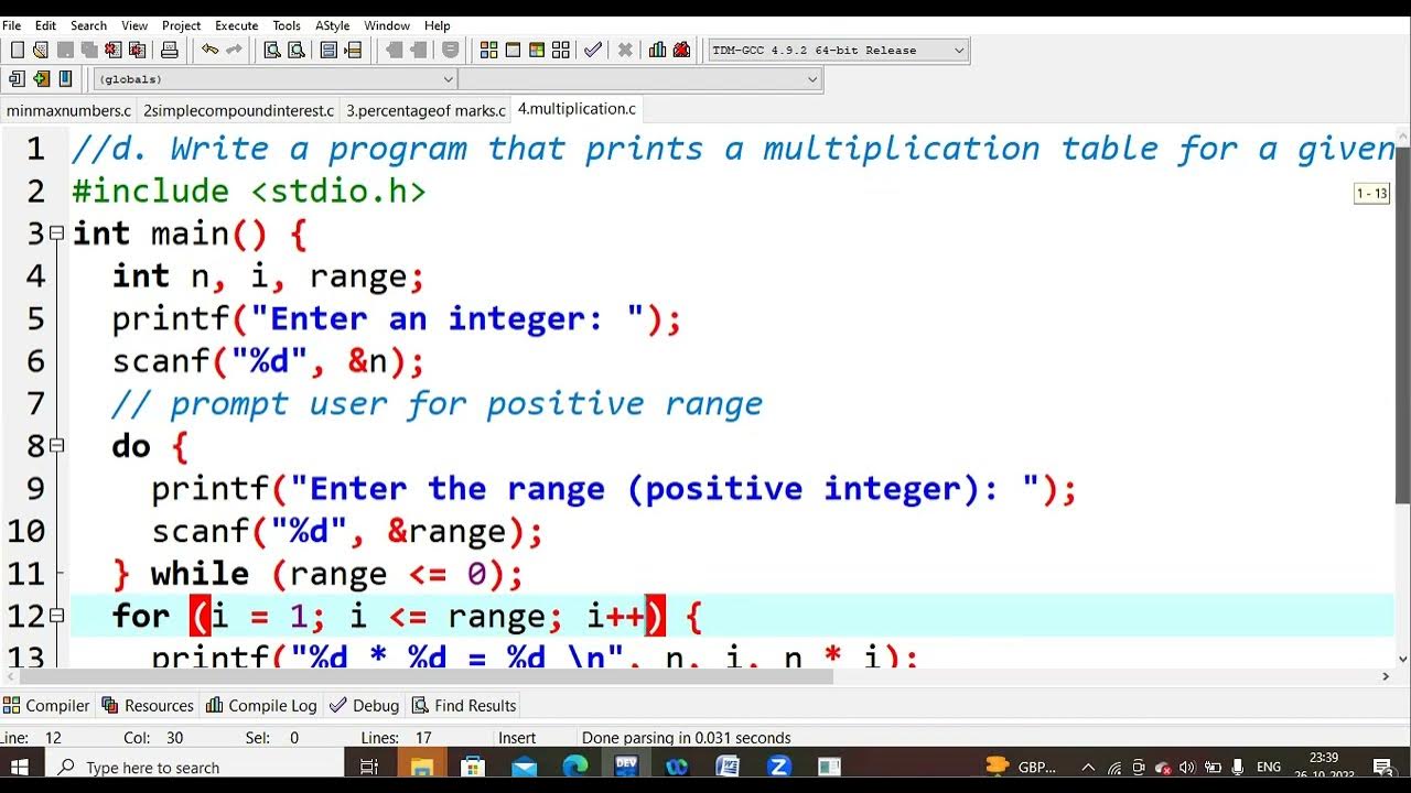 4multiplication Table C Programming Language Lab Pps Lab Jntu Autonomous Youtube