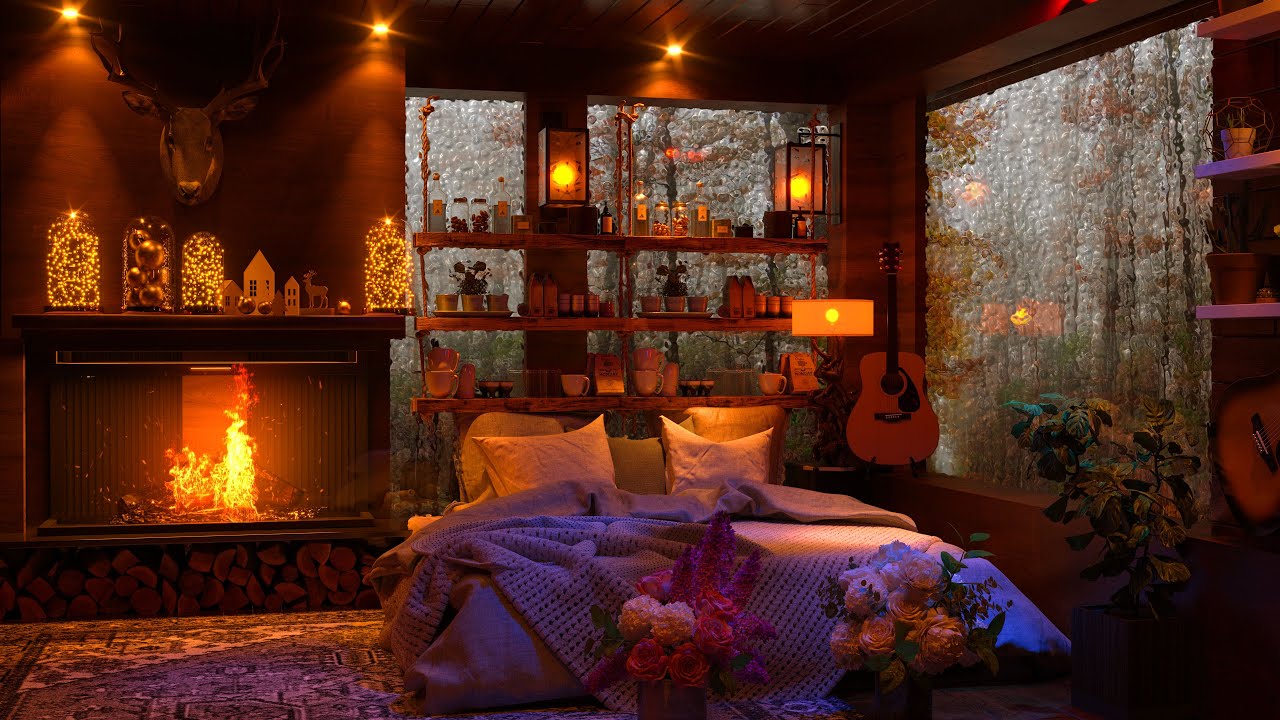 Cozy Autumn Fall Ambience 🍂 Fire Burning, Autumn Crackling Fireplace ...