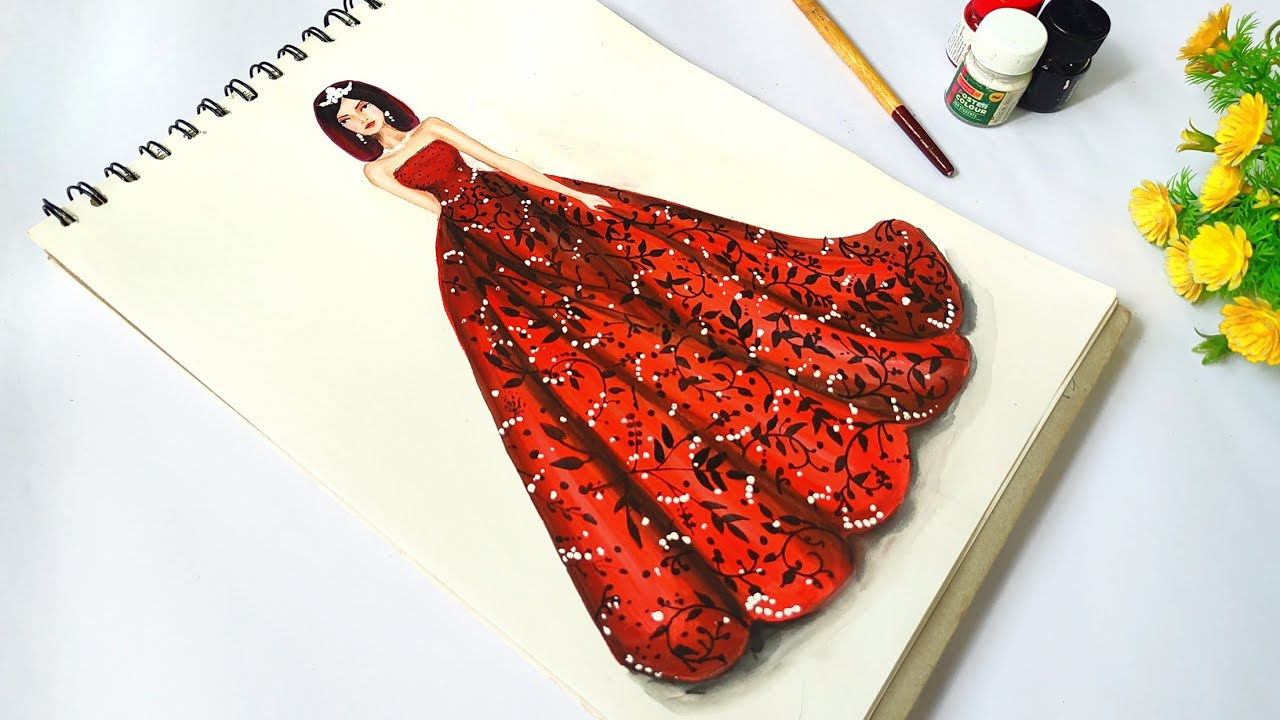 how to draw dress easy & step by step | beautiful red dress drawing ...