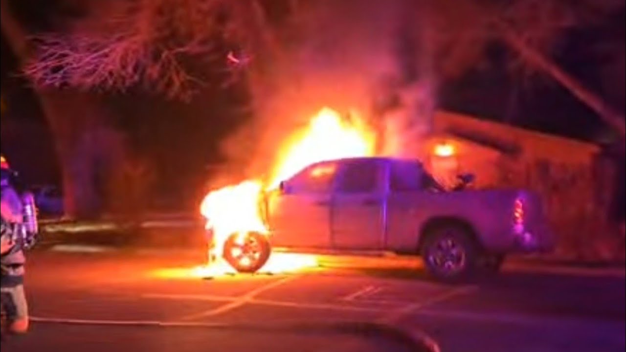 Truck fully engulfed caused tiny explosion - YouTube