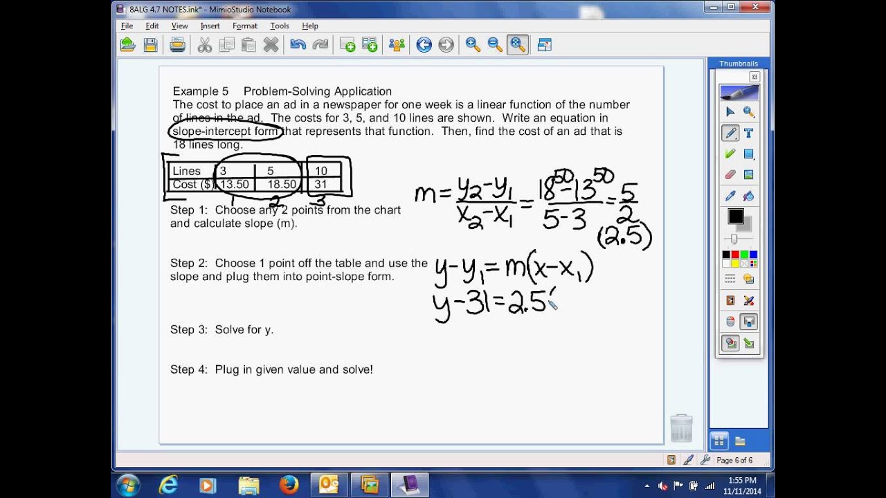 4.7 Example 5 Point-Slope to Slope-Intercept Application Problem - YouTube