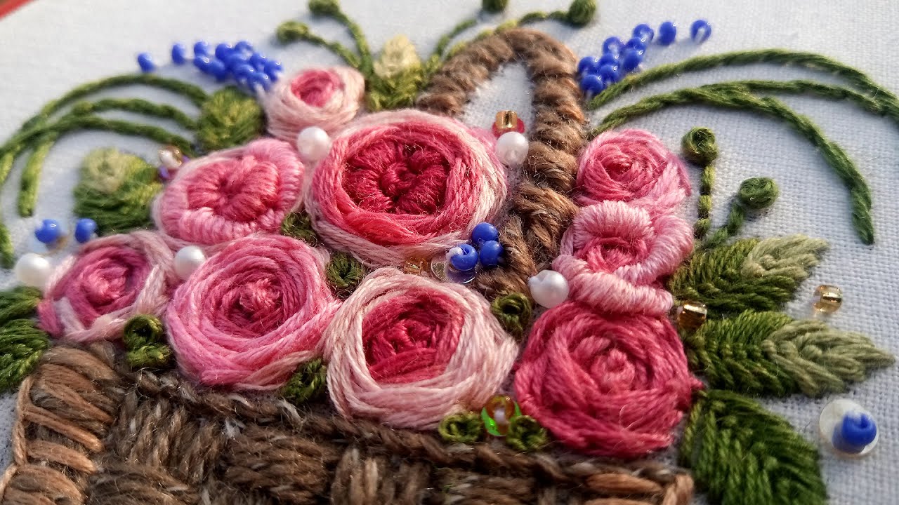 Hand Embroidered Basket With Flowers | Three-dimensional Embroidery ...