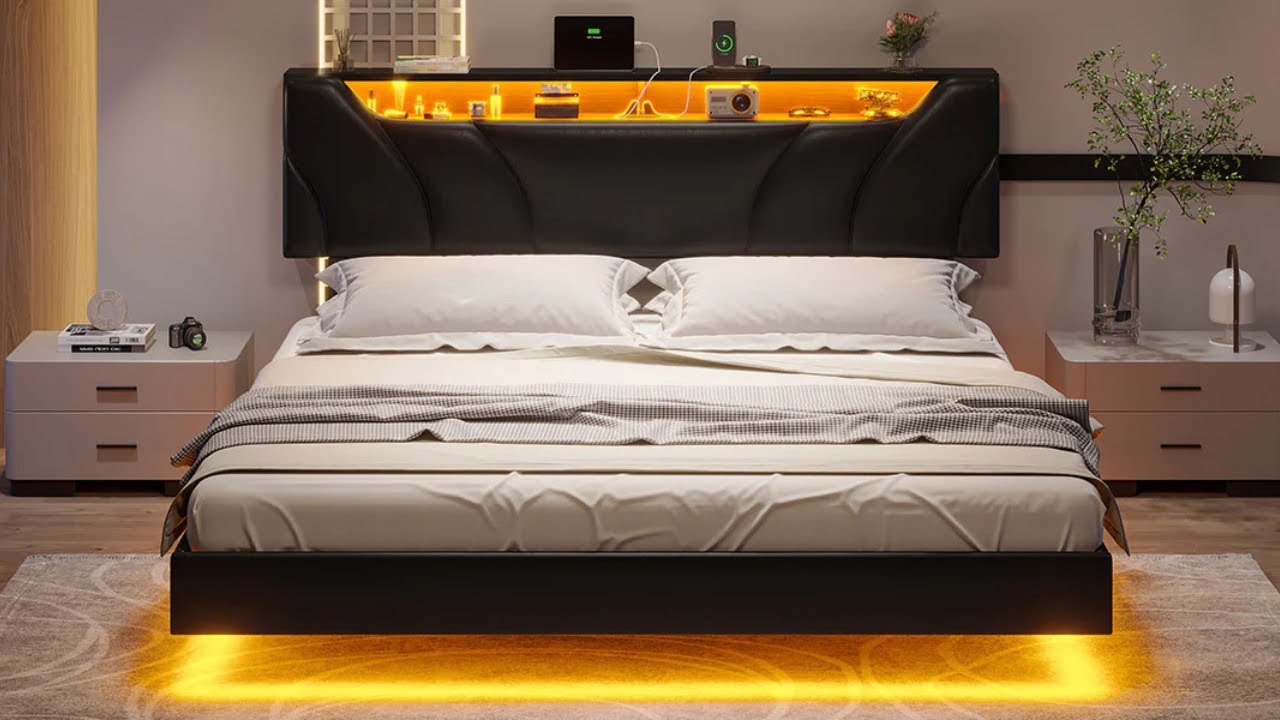 Sikaic Floating Upholstered Leather Platform Bed Frame With LED Lights ...