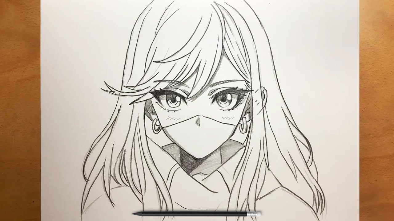 Easy anime sketch | How to draw a cute anime girl with mask step by ...