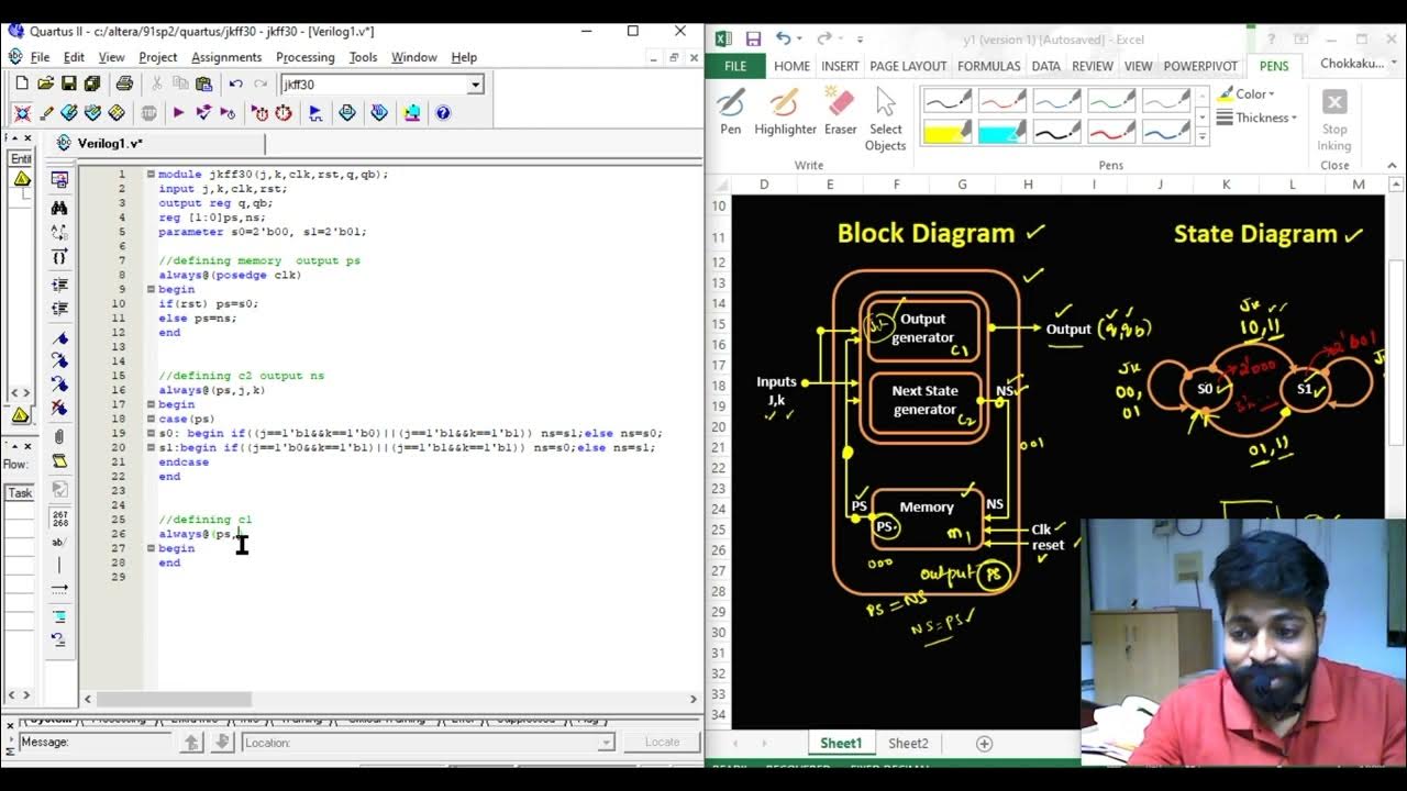 Part-B: JK FF FSM implementaion- using Intel (Altera) Quartus, Verilog Tutorials - YouTube