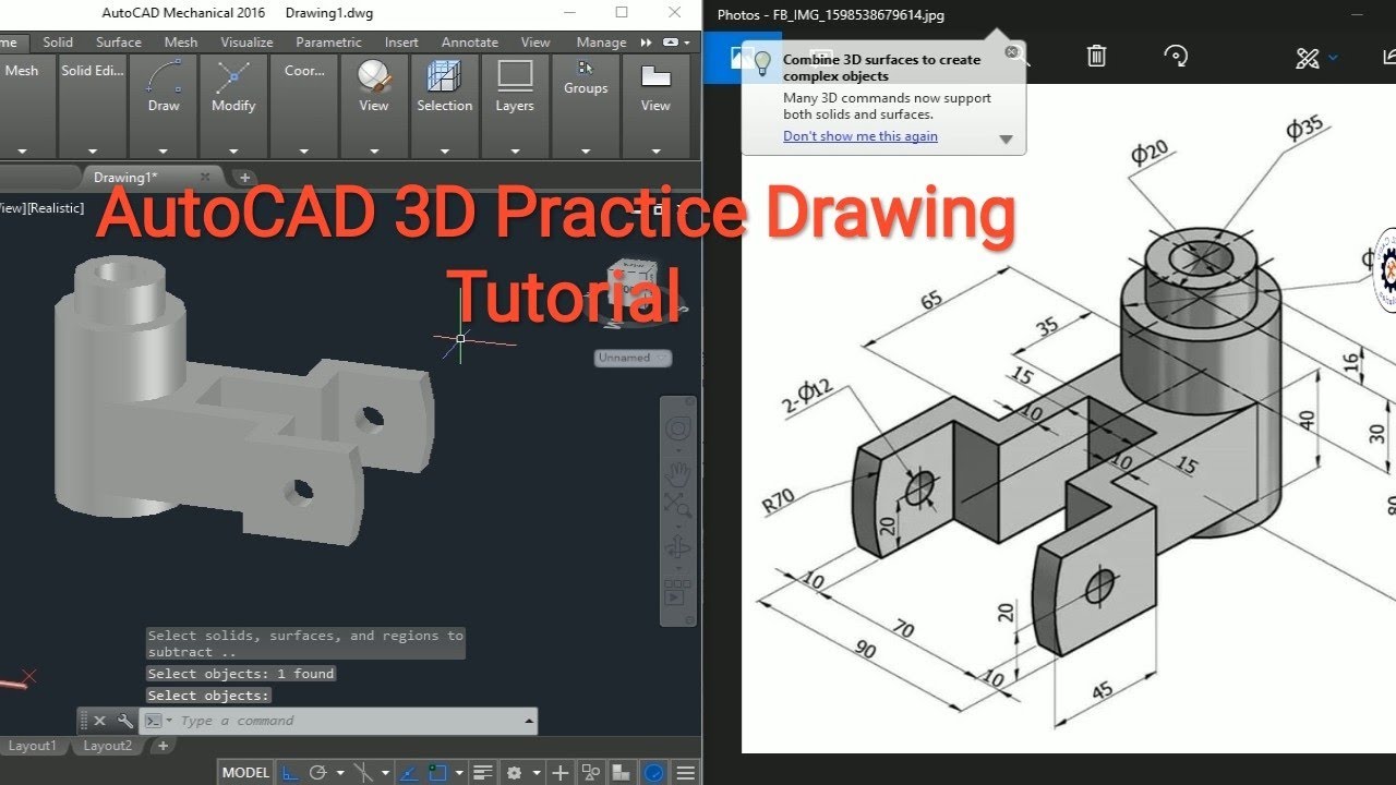 AutoCAD 3D Practice Drawing Tutorial |Tamil | - YouTube