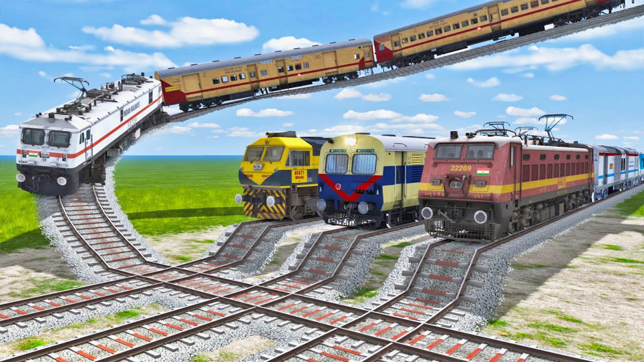 4 TRAINS CROSSING EACH OTHER ON MOST RISKY BUMPY RAILROAD TRACKS | BeamNG.Drive | Train ...