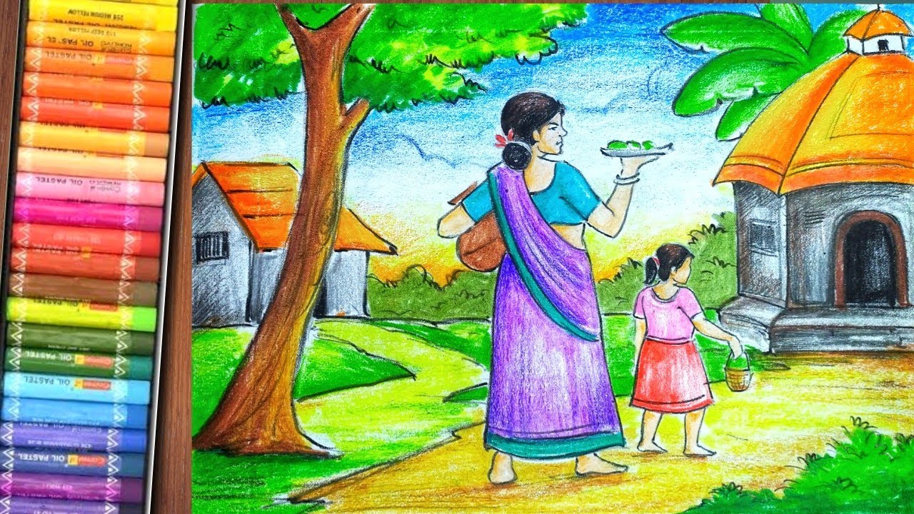 How To Draw Village Scenery With Oil Pastel | Beautiful Scenery Drawing ...