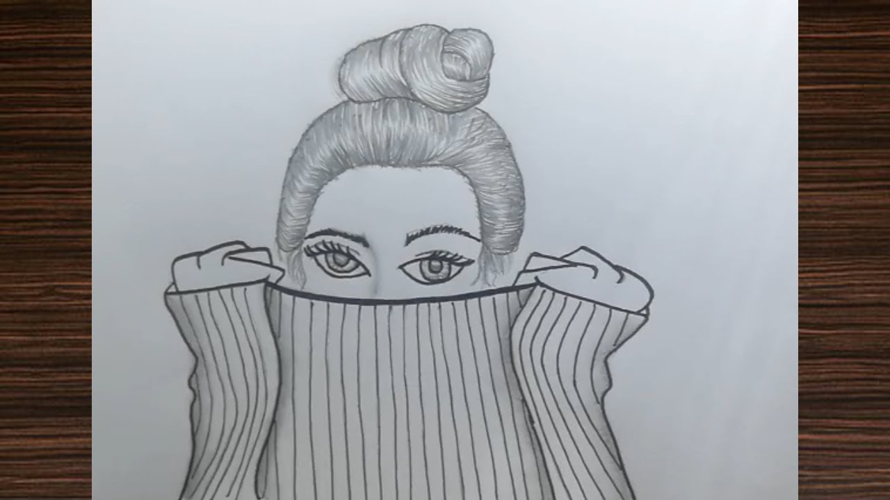 how to draw a cute girl covering herself with sweater from cold wind ...