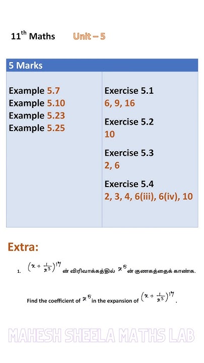 11th Maths Unit 5 - Important Questions| Binomial Theorem, Sequences ...