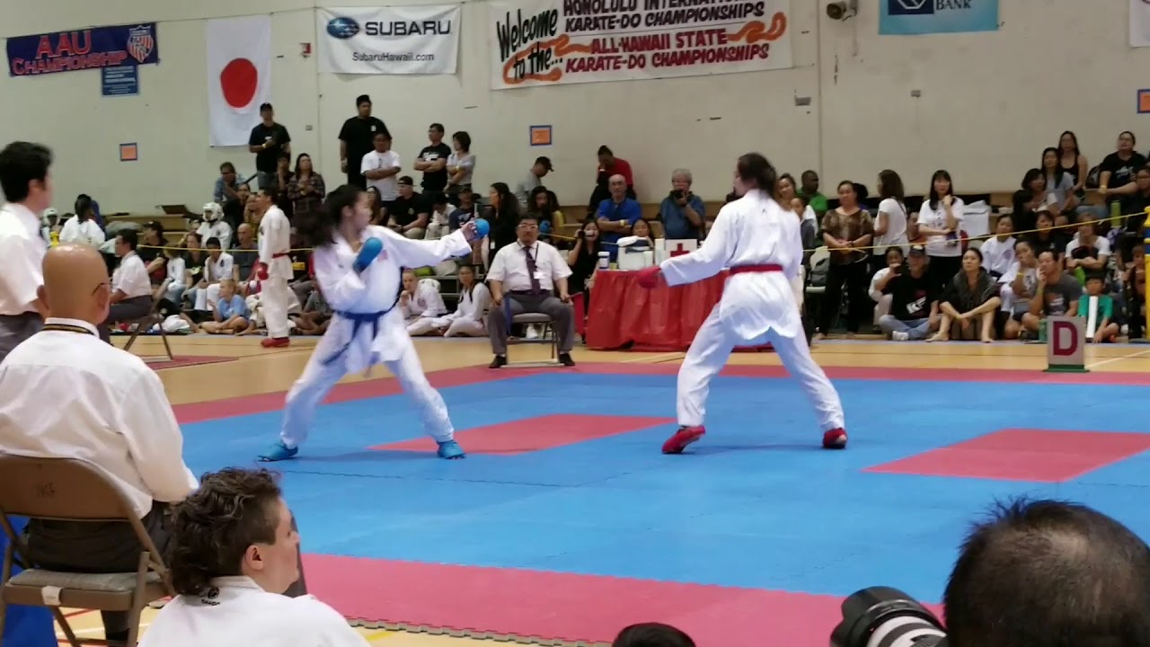All Hawaii Karate 2017 18+ Female Kumite Taylor Chung vs. Trinity Allen ...