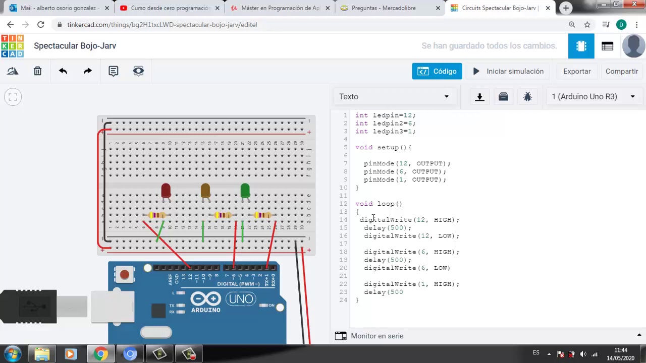 Luces secuenciales con diodos led y arduino, simulador tinkercad - YouTube