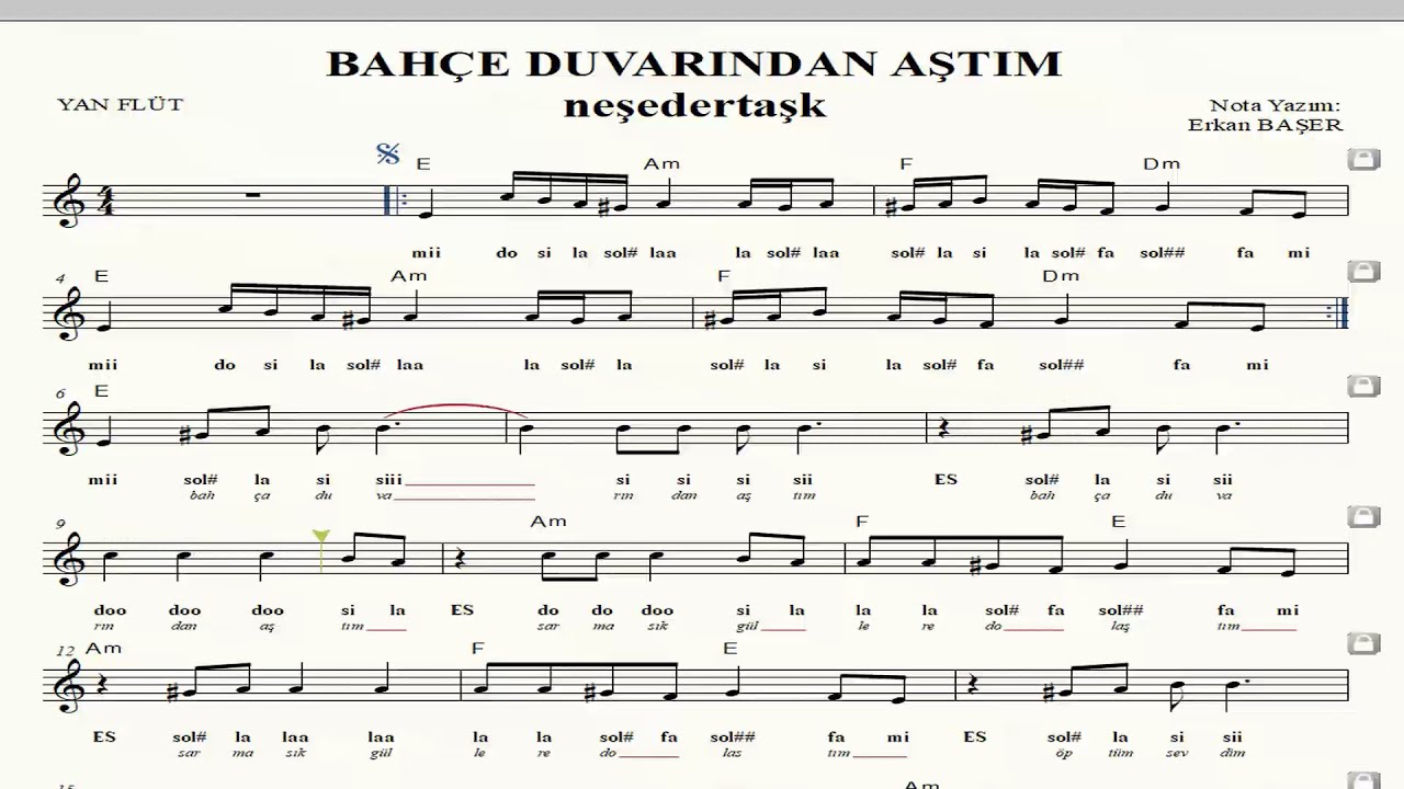 BAHÇE DUVARINDAN AŞTIM yan flüt NOTALARI EŞLİKLİ altyapılı. - YouTube Music