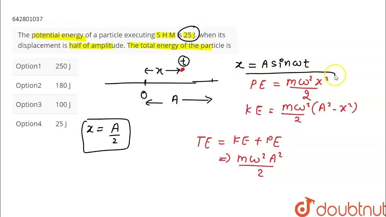 The potential energy of a particle executing S H M is 25 J. when its displacement is half of amp ...