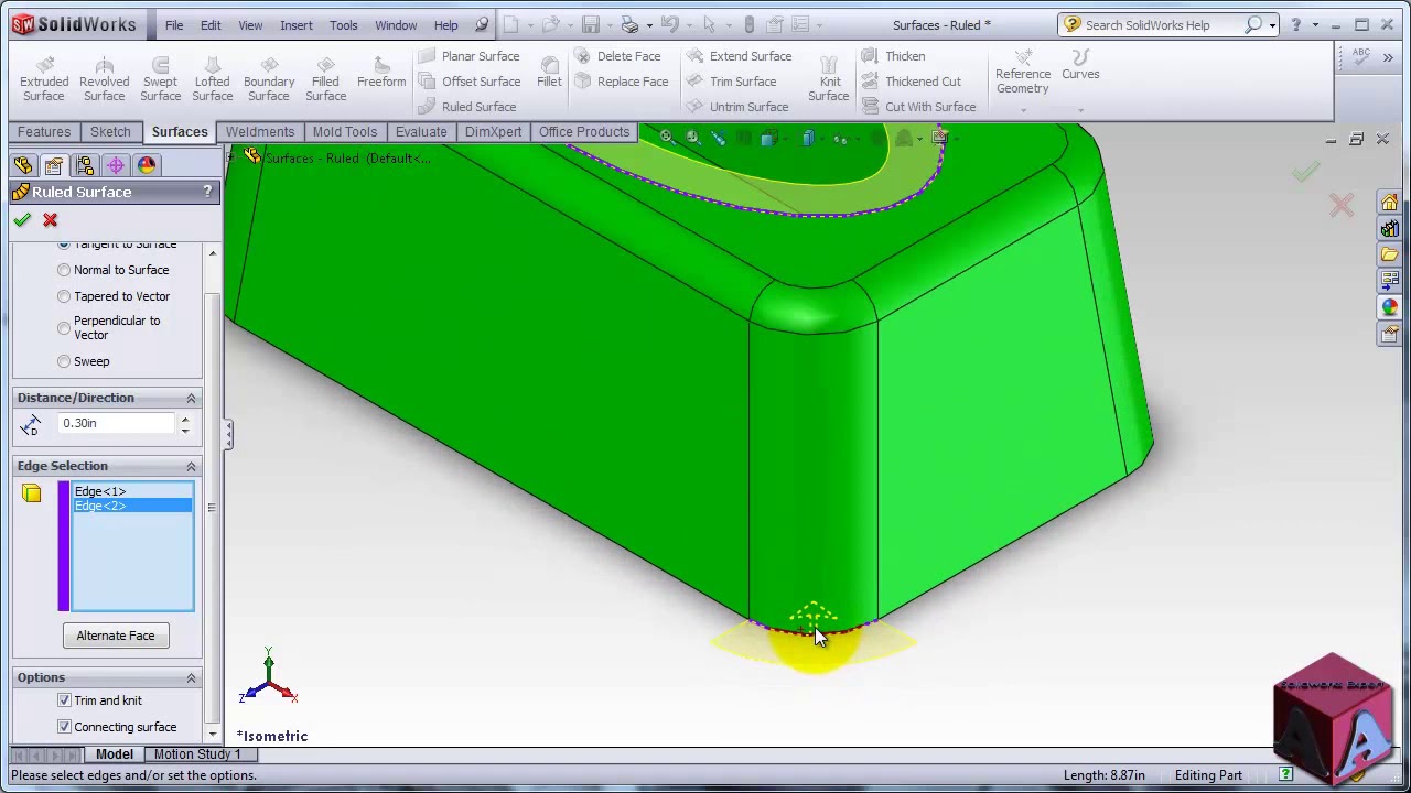 Solidworks Surface Essential 07 Surface Ruled Surface tools 1 - YouTube