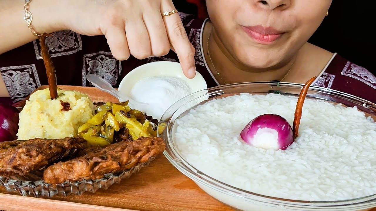 Big bites panta bhaat peyaji alu seddo bhaja hungry food soothing messy ...